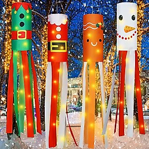VitalCozy 4 Pcs Christmas Windsock Flags with LED Light Christmas Tree Hanging Decorations Santa Claus Gingerbread Man Elf Snowman Christmas Decorations for Lawn Yard Patio Garden Winter Party Decor