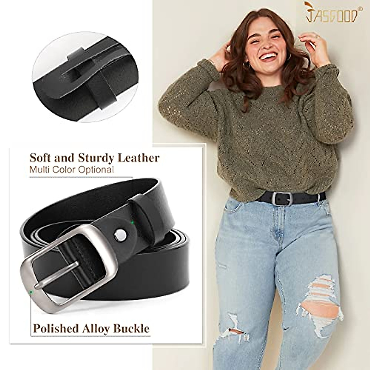 JASGOOD Plus Size Women Leather Belt Black Casual Waist Belt for Jeans Pants with Metal Pin Buckle(Black,Fit Waist Size 48&#039;&#039;-52&#039;&#039;)