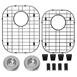 2Pack Sink Protectors for Kitchen Sink 13"x16"and 11.2"x14.5",Stainless Steel Sink Grid, Sink Rack for Bottom of Sink, Rust Resistant Metal Sink Protector with 2Pack Sink Strainer (2 Pack Rear Drain)
