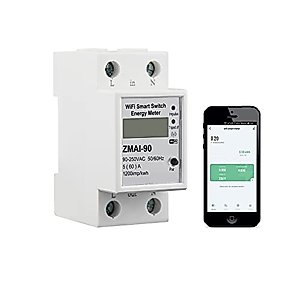 WiFi Smart Energy Monitor Switch Meter, Compatible with Alexa Google Home, Remote Control with Smart Life/Tuya App, Din Rail Tester Current Voltage Amperage Power Meter AC 110-230V 60A Multimeter