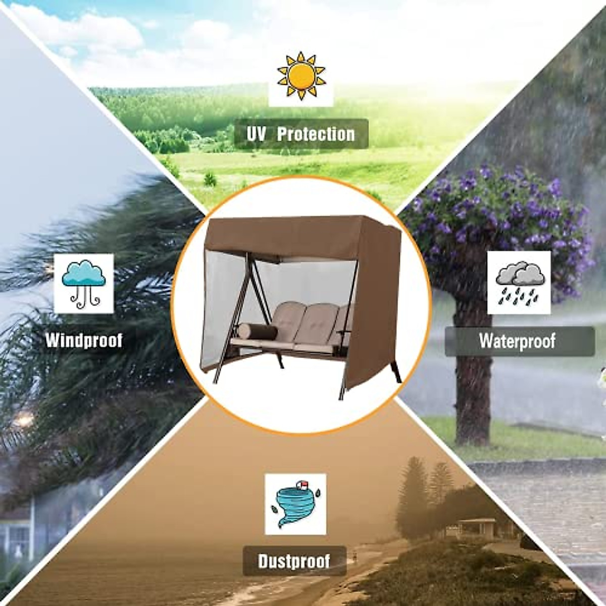 Anjetan Patio Swing Cover, Waterproof 3 Triple Seater Hammock Cover for Garden Glider Chair Patio Furniture, All Weather Protection Outdoor Furniture Protector, 87 x 49 x 67 inches 420D（Coffee）