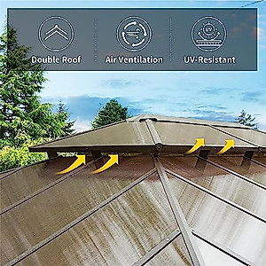 UBGO 12x16ft Outdoor Gazebo,Permanent Hardtop Gazebo with Curtain and Net,Aluminum Gazebo Pavilion with Polycarbonate Double Roof,for Garden, Patio, Lawns, Deck, Backyard, Wood Looking-Brown