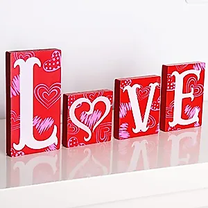 Treory Valentines Day Decor Love Blocks Wooden Table Sign, Red Valentines Day Decorations For The Home Table Decor Valentine Gifts, For Wedding Anniversary Party Supplies Tiered Tray Decor