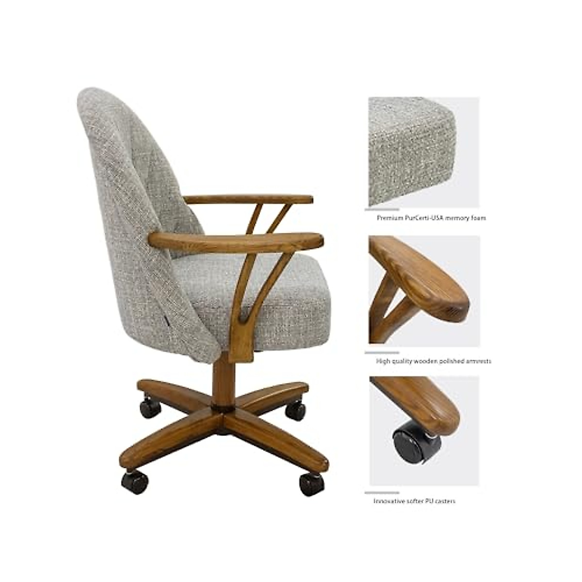 Chromcraft Set of 4 Caster Swivel Tilt Dining Chairs, Luxe Casual Wooden Arm All-Metal Pedestal Base Chairs with Rolling Wheels for Kitchen(Fonzo Marble-Medium Oak)