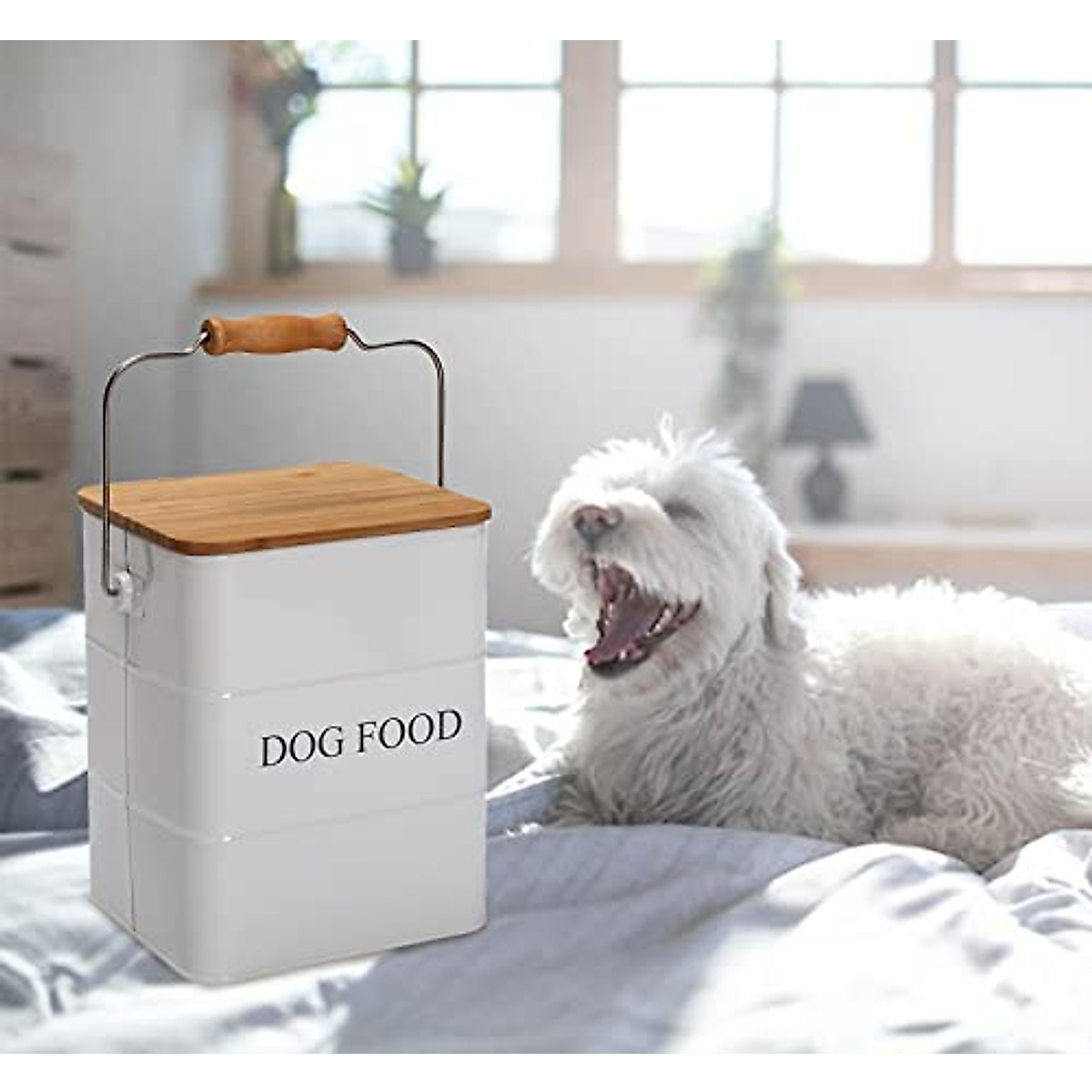 Brabtod Dog Food storage container Dog Treats Jar, Metal food treats tin for Dog, pet snacks Canisters with wooden lid/handle/sevice scoop,hold 5-6 lbs