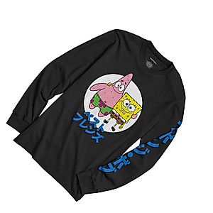 Mens Spongebob Squarepants Shirt - Spongebob, Patrick & Krusty Krab Long Sleeve Tee (Black Kanji, Medium)