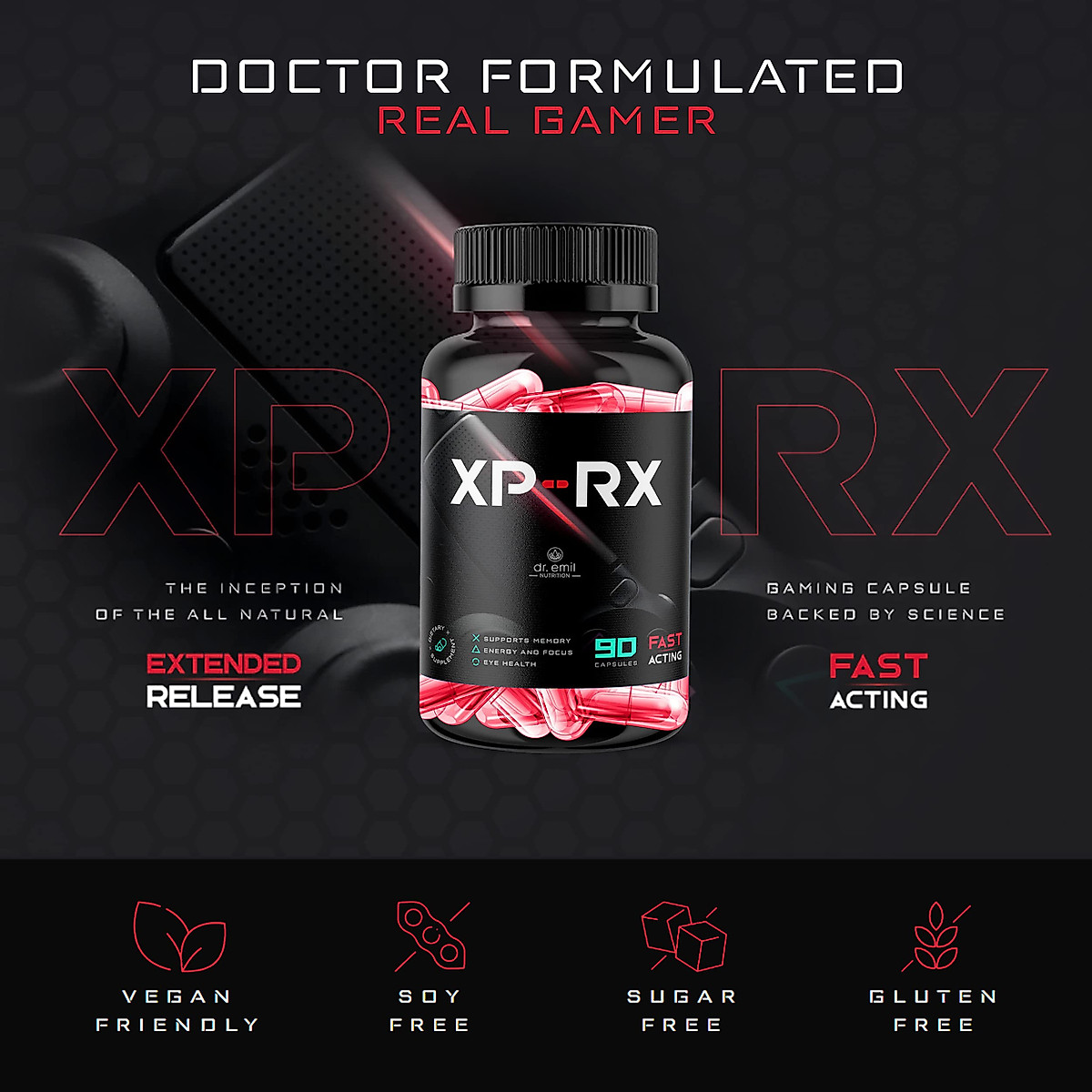 XP-RX Gamer Supplement for Energy, Focus & Endurance - Zero Crash Gaming Pills with 100mg Caffeine - Sugar Free Gaming Supplement by Dr. Emil