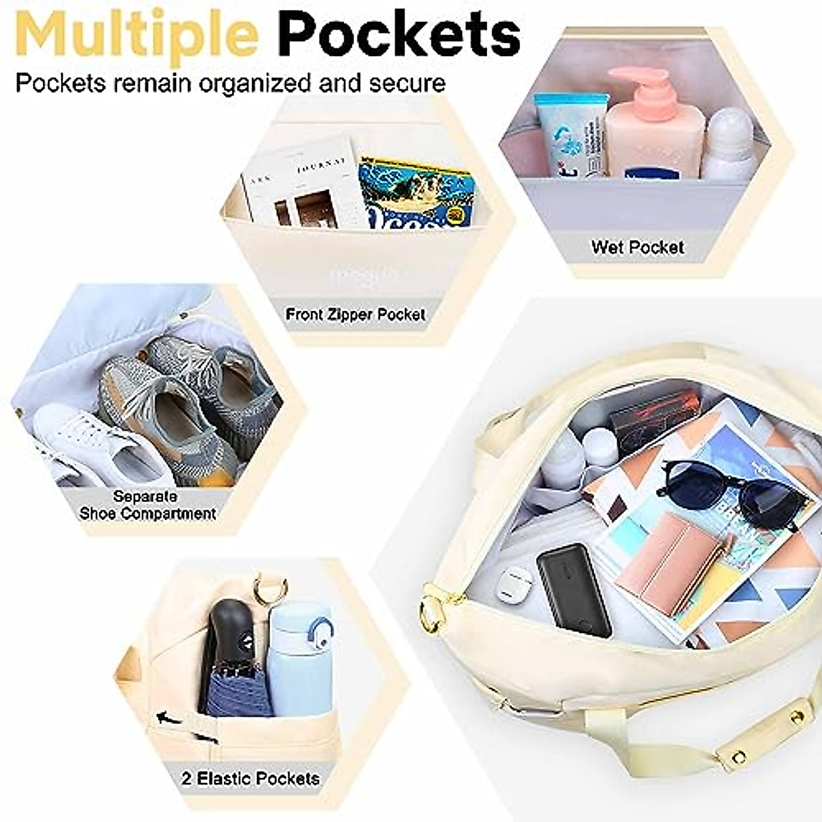 Travel Duffle Bag for Women, Weekender Bag, Gym Bag with Wet Pocket and Shoe Compartment for Overnight, Air Travel Carry on (Beige)