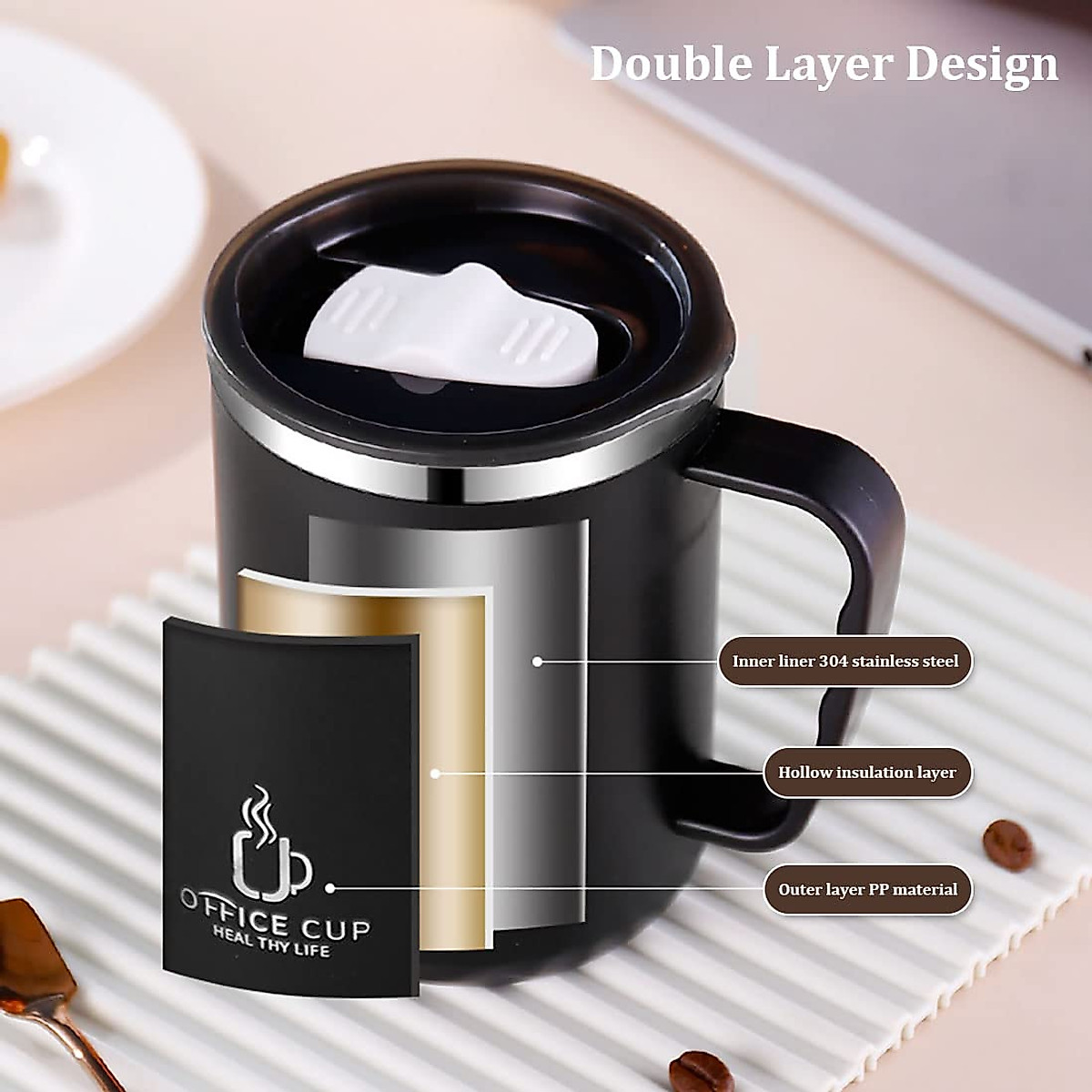 Lcxecnw Coffee Cup Mug with Handle,16 oz Stainless Steel Mugs,Double Wall Vacuum Travel Mug,Tumbler Mugs with Straw and Sliding Lid,Hot & Cold Drinks for Home Office (Black)