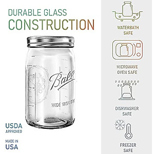 Mason Jars Wide Mouth 32 oz Bundle with Non Slip Jar Opener brand BHL Jars - Set of 4 Quart Size Mason Jars - Canning Glass Jars with Lids