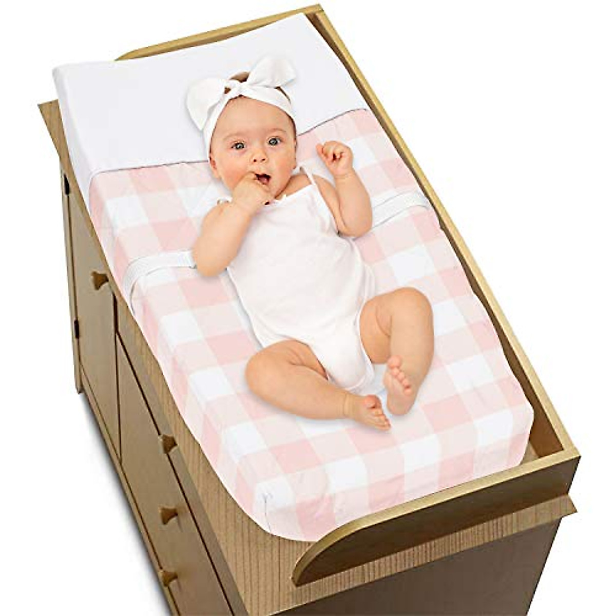 Sweet Jojo Designs Pink Buffalo Plaid Check Girl Baby Nursery Changing Pad Cover - Blush and White Shabby Chic Woodland Rustic Country Farmhouse