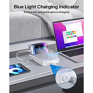 SooPii 8-Port USB-C Charging Station for Multiple Devices, with 1 PD 20W Port Supports Fast Charging, 8pcs Mixed Charging Cables and 1pcs Upgraded Holder for lWatch Charger & Air-Pods, White