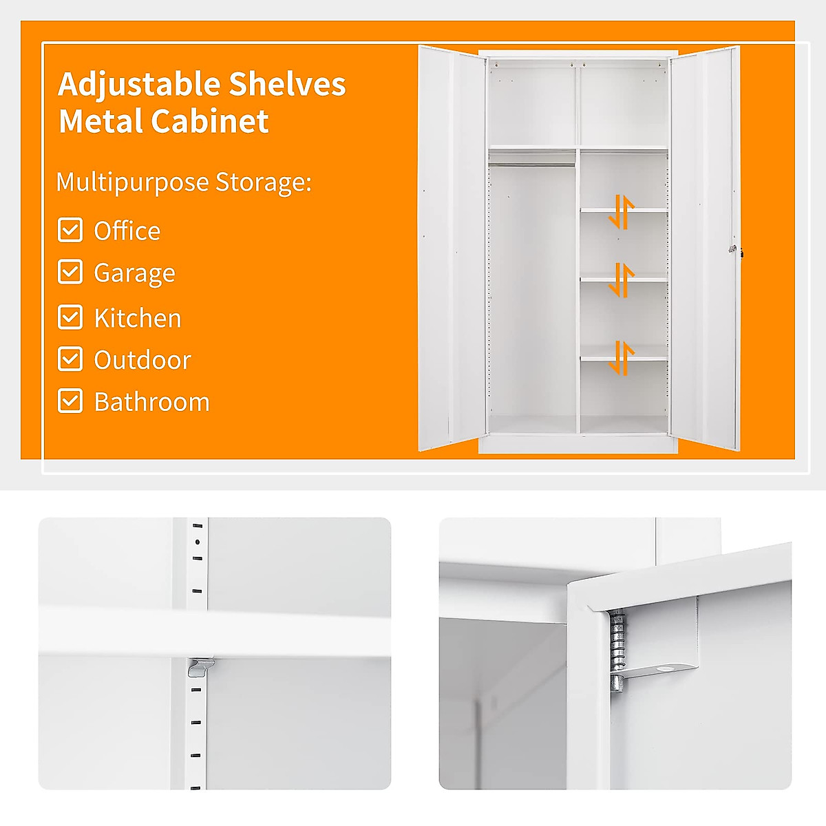 MIIIKO Steel Wardrobe Cabinet with 2 Doors, White Metal Locker Cabinet for Storage with Hanging Rod and 4 Shelves, Lockable Metal Closet Cabinet for Bedroom, Cloakroom and Home Office