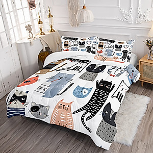 CVHOUSE Cat Bedding,Cartoon Cat Comforter Full,Animals Print Comforter Set for Kids,Kawaii Quilt Set with 1 Comforter and 2 Pillow Cases