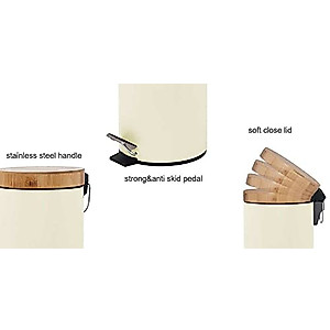 L-Line Way Small Bathroom Trash can with Pedal,Eco Friendly Bamboo lid Soft Close,0.8 Gal/3L .Beige Steel with Removable Inner bin.Strong &Anti Skid Pedal.Color Box.Unique & Boutique Style