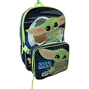 Fast Forward Star Wars The Mandalorian Baby Yoda 15 Inch Kids Backpack With Removable Lunch Box (Grey-Navy-Green)