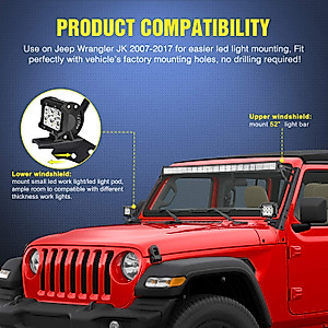 Nilight Windshield Frame Mounting Bracket for 52” LED Light Bar and Pod Light on Wrangler JK 2007-2017, 2 Years Warranty