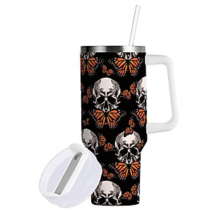 Slewiaeky Tumbler with Handle 40 oz Skull Butterfly Orange Travel Mug with Lid and Straw Stainless Steel Vacuum Insulated Water Bottle Cup for Iced Tea Coffee Cold Beverages Cup Holder Friendly