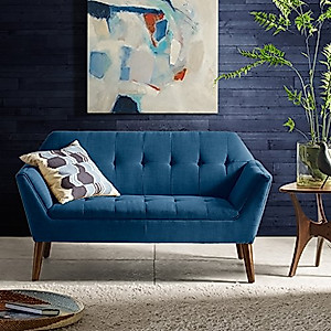 INK+IVY Newport Accent Armchair-Solid Wood Frame, Flare Arm Family Loveseat Settee Modern Mid-Century Style Living Room Sofa Furniture, 59" Wide, Blue