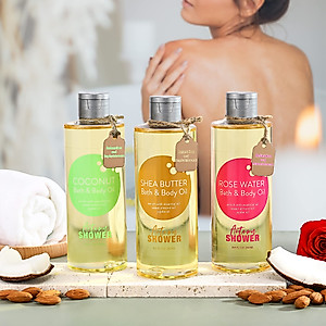 Autumn Shower Bath and Body Oil Oil with Sweet Almond Oil Jojoba Oil, Shea Butter & Rose Water & Coconut Bath Oils Mother's Day Gift for Women, Multiuse Oil for Hair & Dry Skin 26.4 fl oz (Pack of 3)