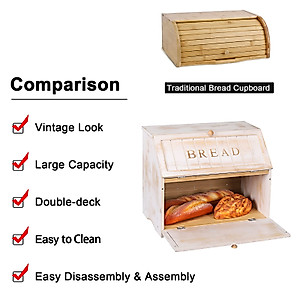 HOMEKOKO Vintage Double Layer Large Bread Box for Kitchen Counter, Retro Design Vintage Wooden Large Capacity Bread Storage Bin (Vintage White)
