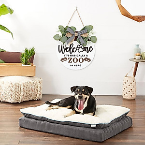 TOARTi 3D Rustic Humorous Front Door Welcome Sign, It's Basically A Zoo In Here, Funny Pet Lover Home Porch Wall Decor, 11.8''x11.8'' Wooden Sign with Black Letters & Bow-knot Wreath