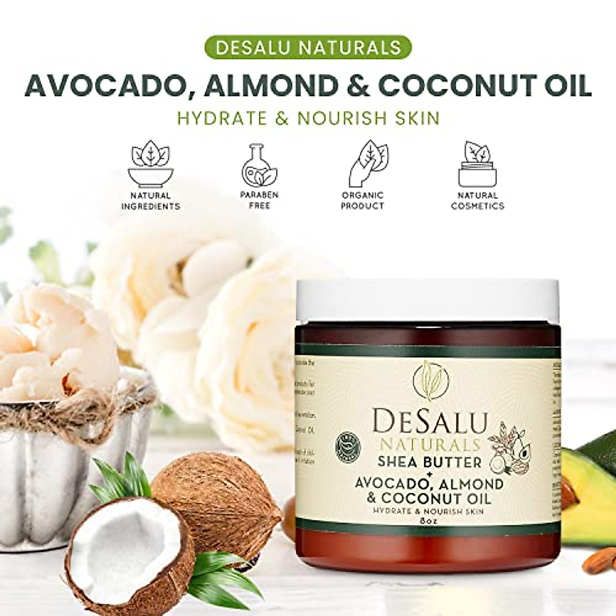 Desalu Naturals Pure Unrefined Shea Butter with Avocado Oil, Almond Oil & Coconut Oil - 100% Natural African Shea Butter for Skin - Safe for All Skin Types.