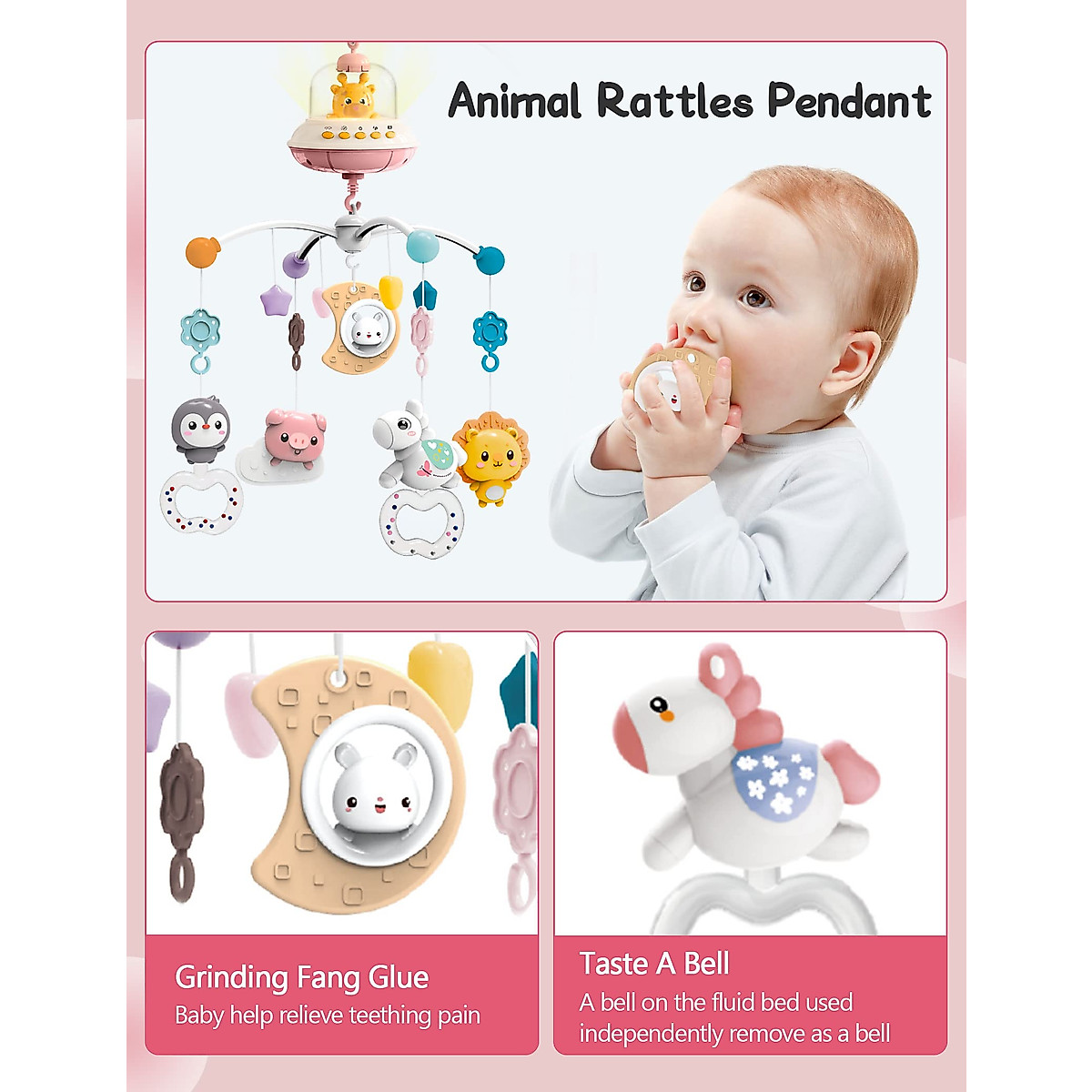 BSROLUNA Baby Crib Mobile with Music and Lights, Baby Mobile for Crib with Remote Control, Hanging Rotating Animals Rattles, 16 Songs and Timing Function, Cartoon Baby Crib Toys for Girls (BabyPink)