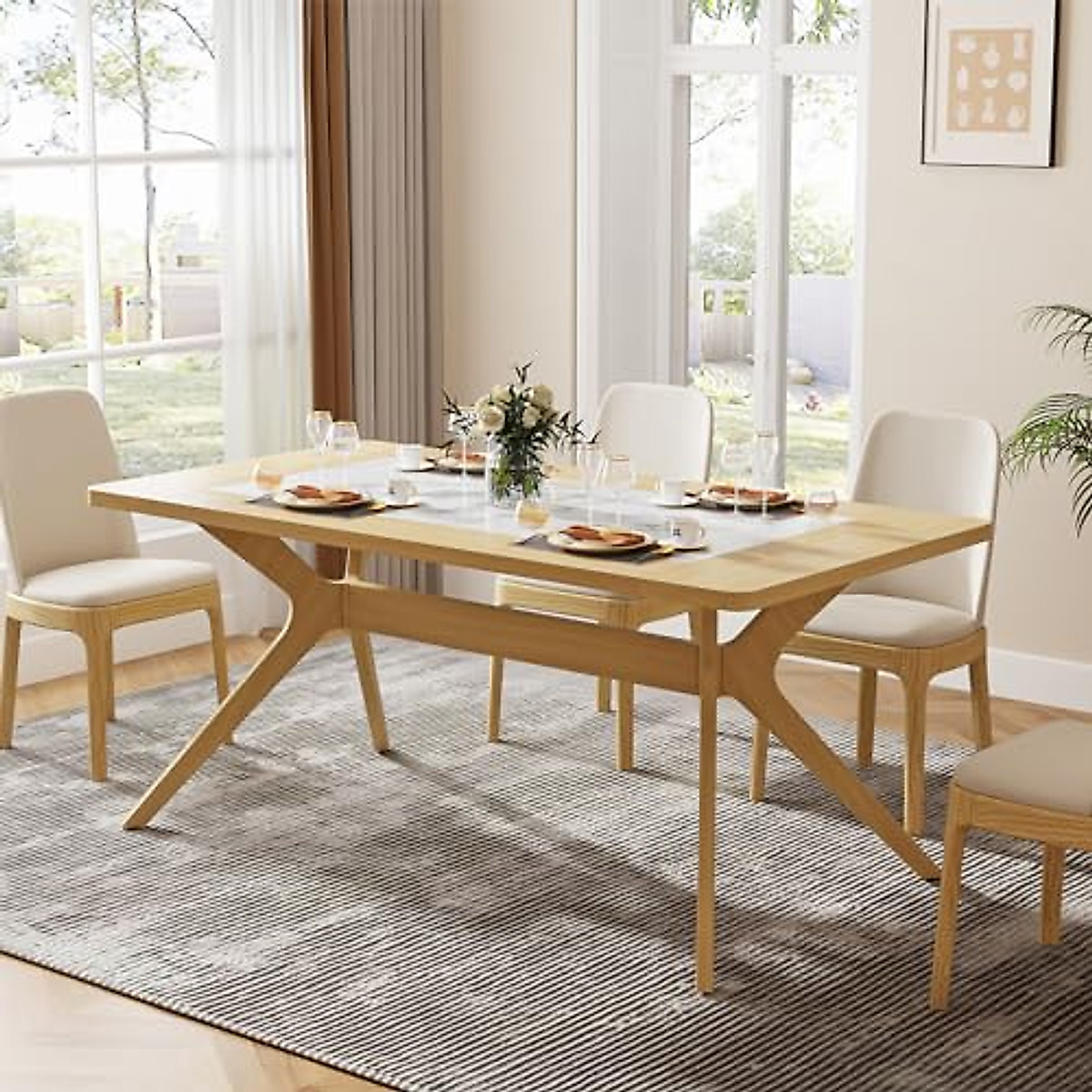 Tribesigns 63-inch Dining Table for 6, Modern Rectangular Dinner Table, Large Kitchen Table with X-Shaped Solid Wood Legs and Faux Marble Tabletop, for Dining Room, Kitchen (Oak and White Marble)