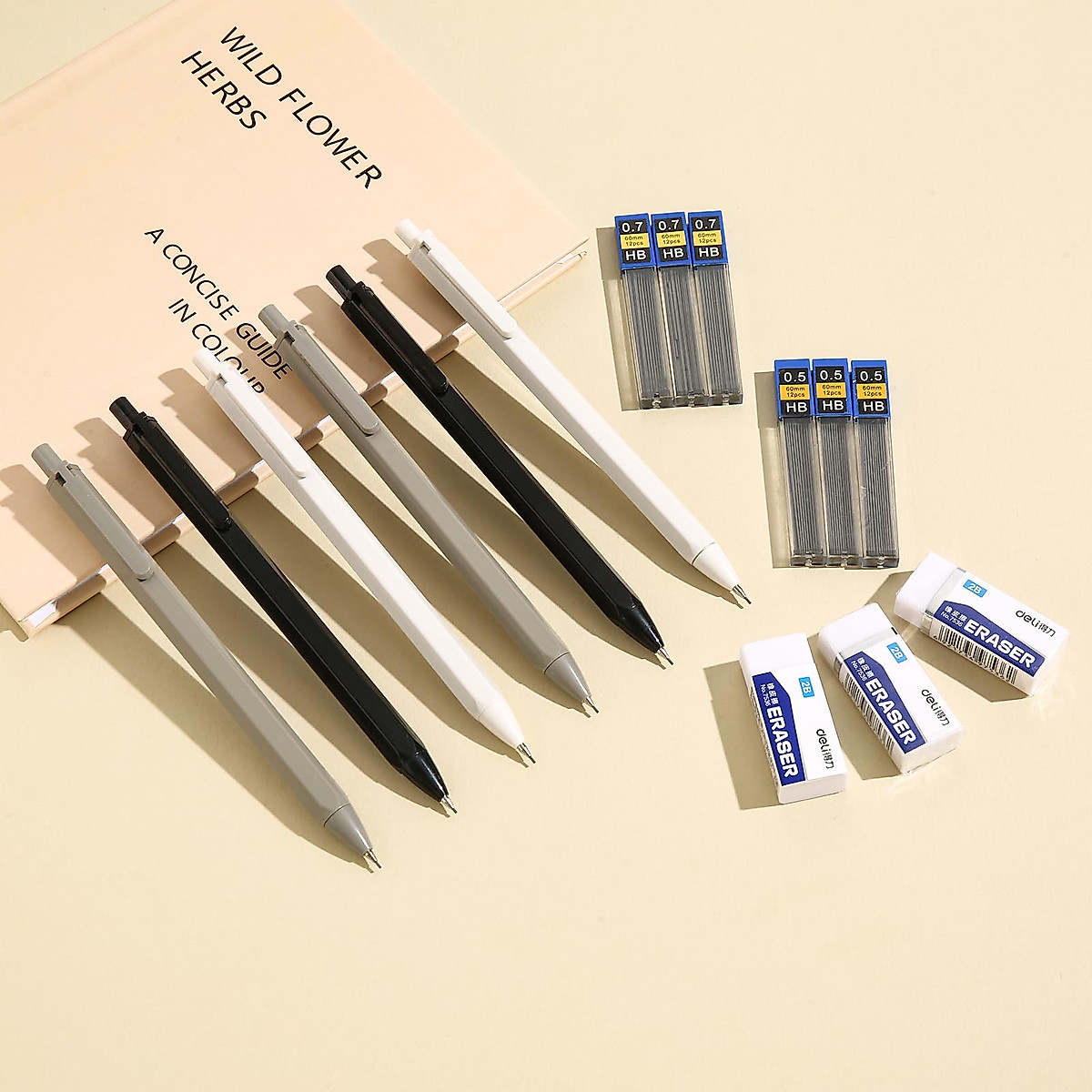 ITAWIXS Mechanical Pencil Set, 6Pcs 0.5&0.7mm HB Lead Refills, 3PCS Erasers, Aesthetic School Supplies for Writing, Drawing, Sketching