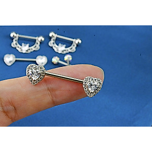 14G Dainty CZ Love Heart Nipple Rings Tongue Ring Surgical Steel Nipple rings Piercing Women Barbells 2Pcs 25/8"(16mm) (Silver)