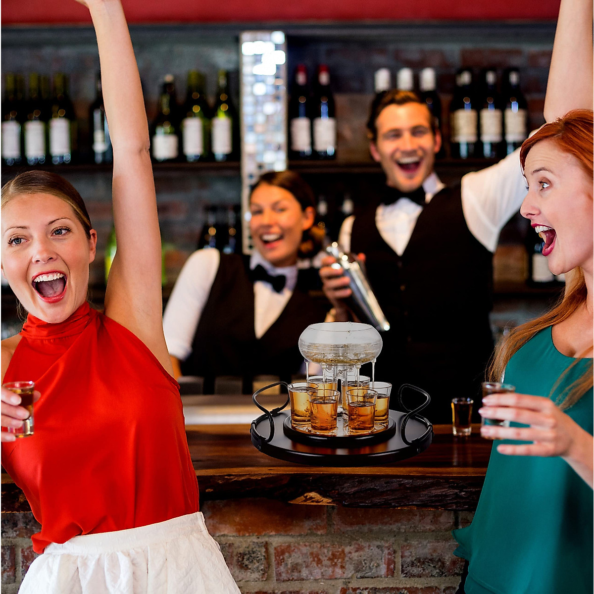 Shot Glass Dispenser Gift Set - Rich Wood Mahogany Serving Tray - 6 Shot Acrylic Glass Dispenser and Holder - Whiskey, Liquids, Drinks, Beverages, Cocktail for Drinking Games, Parties and Bars, Bezrat