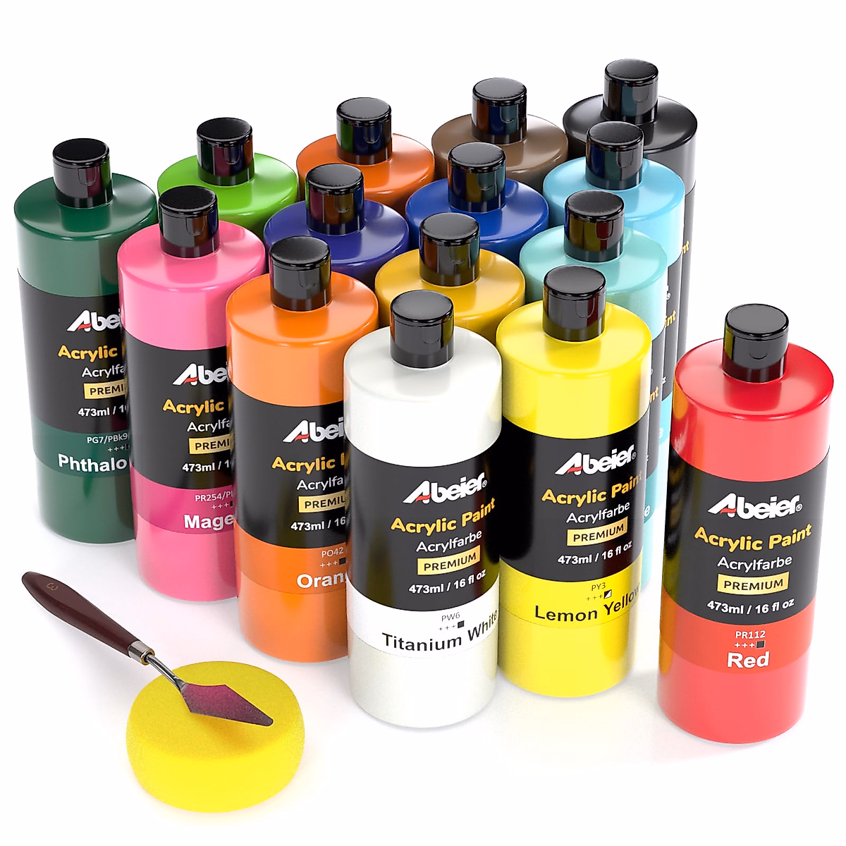 ABEIER Large Bulk Acrylic Paint Set, 15 Colors (473 ml/16 fl oz), Matte Finish, Rich Pigments, Non-Toxic Paints for Painting on Canvas Crafts Wood Ceramic, Ideal for Beginners and Students