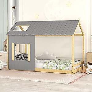 Livavege Twin Size Wooden House Bed with Roof and Window, Montessori Floor Twin Platform Bed Frame for Boys and Girls, Fun Playhouse Style w/Wooden Slats Support, No Box Spring Needed