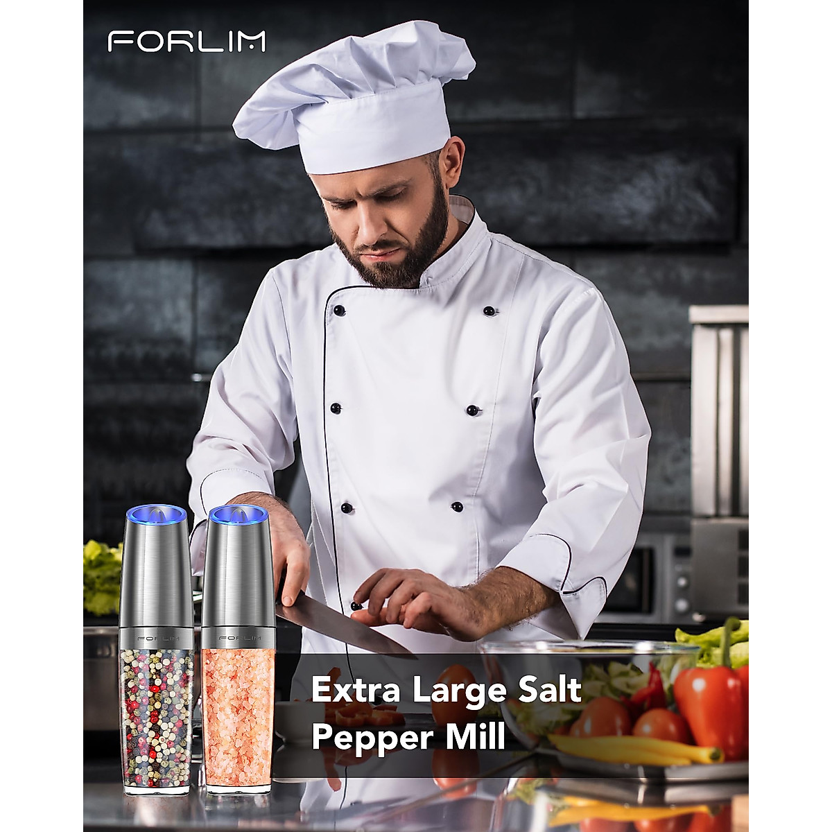 FORLIM Electric Salt and Pepper Grinder Set, Upgraded 9 Oz Large Capacity, Battery Operated Automatic Pepper Grinder Set, Easy to Fill, One Hand Operation, Stainless Steel(Silver)