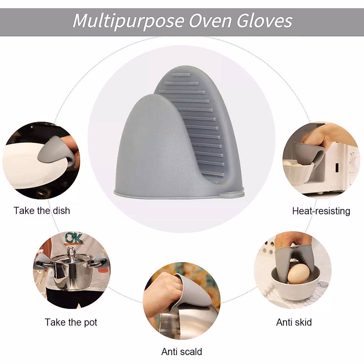 OTTOPT Mini Oven Gloves, Silicone Heat-Resistant Finger Mitts, Anti-Scalding and Non-Slip Food Grade Silicone Gloves for Kitchen Cooking, Baking and Grilling, 2 Pairs (Black and Light Gray)