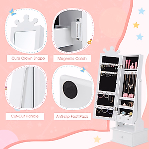 Costzon Kids Jewelry Armoire Cabinet, 45” Standing Jewelry Organizer with Full-Length Mirror, 3 Storage Drawers, Kids Vanity Dress Up Mirror Jewelry Cabinet for Girls (White)