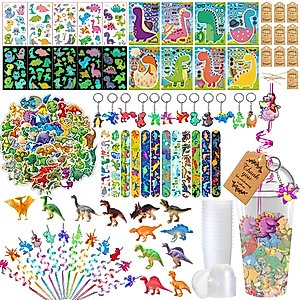 Surblue Dinosaur Party Favors, 172 pcs Birthday Party Supplies with Cups Straws Bracelets Keychains Stickers Whistles Model Balls Tatoo Stickers Thank You Tags for Sport Themed Birthday Decorations