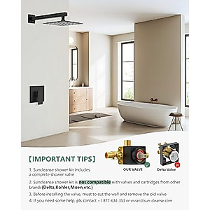 SunCleanse Matte Black Shower Faucet Set with Valve, Bathroom Shower System Included Stainless Steel Metal Rainfall Shower Head and Extra Long Shower Arm