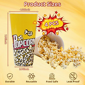 KORCCI Plastic Popcorn Containers 4Packs-Reusable Popcorn Bucket Retro Style for Movie Night, Classic Popcorn Bowl, 7.7"Tall x 4.4"Top Diameter,32oz