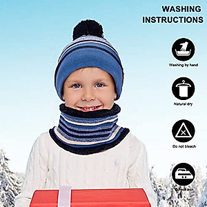 Fancosni Winter Gloves Beanie and Hat for Kids Set, Toddler Winter Hat for Children Boys and Girls 2 3 4 5 6 Age, Scarf Neck Warmer, Touch Screen Gloves Beanie Cap for Cold Winter, 3pcs Blue