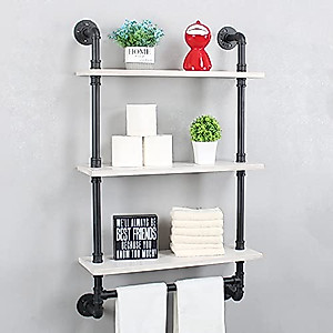 Industrial Pipe Bathroom Shelves 3-Tier Wall Mounted,24" Rustic Wall Shelf with Bath Towel Bars,Farmhouse Towel Rack,Metal & Wooden Floating Shelves,Over The Toilet Storage Shelf,White & Black