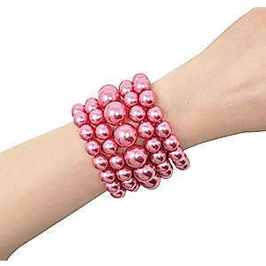 BA UNIQUE FASHION Women's Simulated Pearl Stretch Bracelet 5 PCS Set (Watermelon Pink)