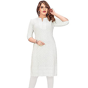 ladyline Rayon Chikhan Schiffli Embroidered Kurti for Womens Tunic Top Indian Kurta (L/White/42)