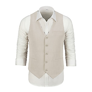 Furuyal Men Suit Casual Wedding Suits Linen Suits for Men 2 Piece Suits Groomsmen Tuxedos Summer Beach Prom Vest and Pants Set Beige-S