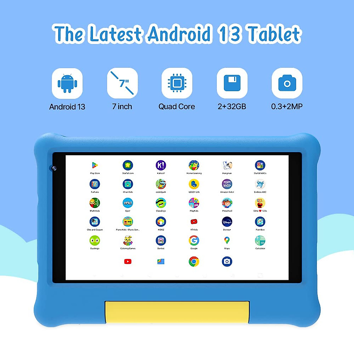 ApoloSign Kids Tablet, 7-inch Android 13 Tablet for Kids, 32GB ROM with WiFi, Bluetooth, Educational Apps, Parental Control, Dual Cameras, Shockproof Case(Blue)