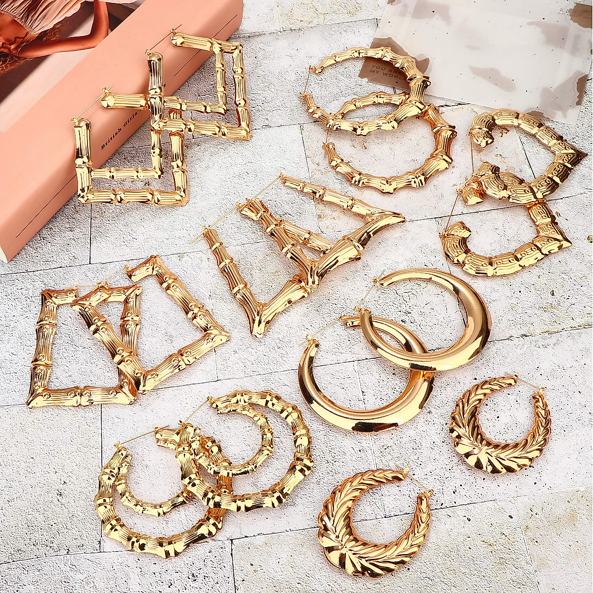 sailimue 8 Pairs Bamboo Earrings for Women Large Different Shape Bamboo Hoop Earrings Set Chunky Silver Gold Big Hoop Earring Hip-Pop Style Fashion Custom Jewelry Party Accessory