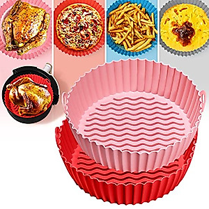 Air Fryer Liners, MIAOKE 8.5 Inch Silicone Air Fryer Liners with Silicone Oil Brush And Anti-Scald Gloves Set Heat Resistant Easy Cleaning Reusable Air Fryer Accessories 5 Pack- (Red/Pink)
