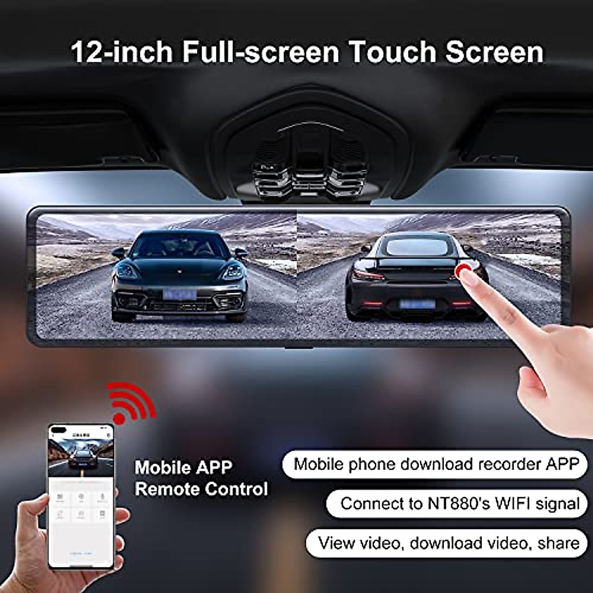 AmazeFan NT880 Mirror Dash cam Front 2K，12'' Touch Screen Dual Dash Camera, Driving Recorder WiFi,170° Wide Angle Night Vision Loop Recording, GPS Tracker, Free 64GB Card, Car Charger