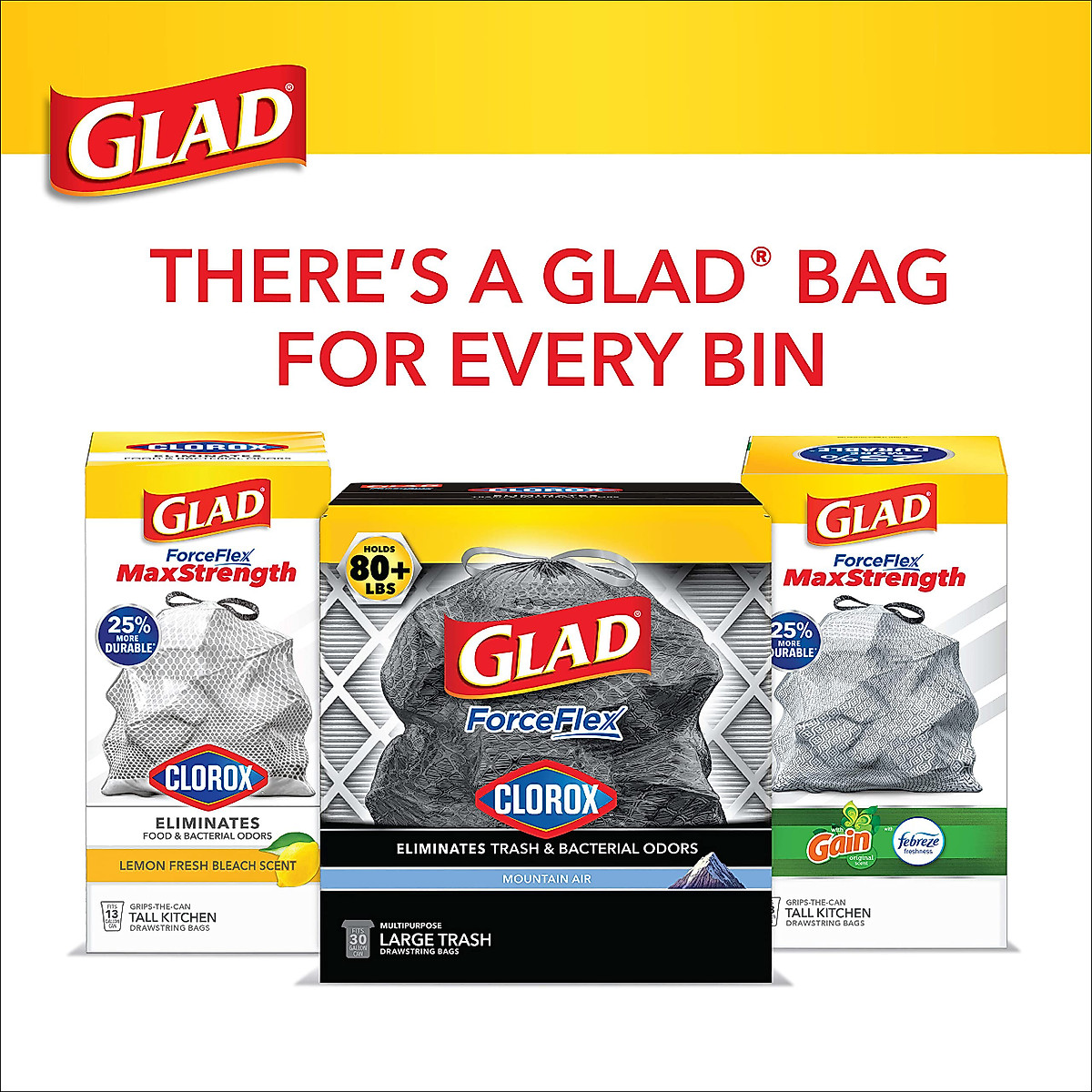 Glad Trash Bags, ForceFlex with Clorox Garbage Bags, Lemon Fresh Bleach Scent, 30 Gal, 50 Ct, Package May Vary